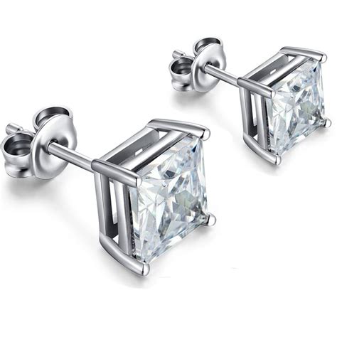 ZowBinBin Stud Earrings Rhodium Plated Sterling Silver Round Cut And Princess Cut A Cubic