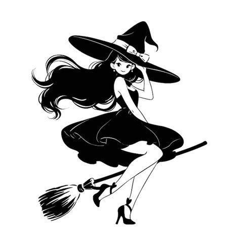 Premium Photo A Black And White Drawing Of A Witch Flying On A Broom