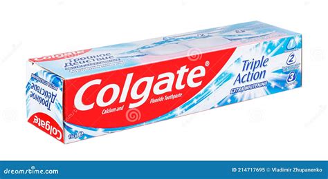 Moscow Russia March Packaging Of Colgate Triple Action Extra Whitening Toothpaste