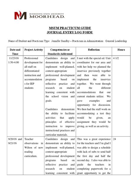 Practicum Hours Log And Journal Filled In Pdf Reflective Practice