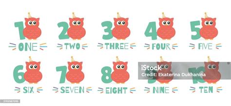 숫자 텍스트 귀여운 올빼미 문자 벡터 세트 어린이 생일 파티 초대장 인사말 카드 포스터 이벤트 인쇄 및 케이크 토퍼 디자인을위한 아름다운 요소 0명에 대한 스톡 벡터 아트
