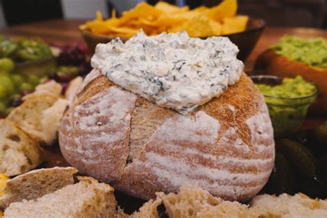 Spinach Dip In A Farmers Market Sourdough Bread Bowl Plane View Farm