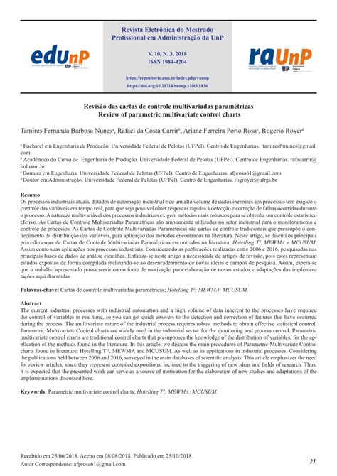 Pdf Revisão Das Cartas De Controle Multivariadas Paramétricas Review