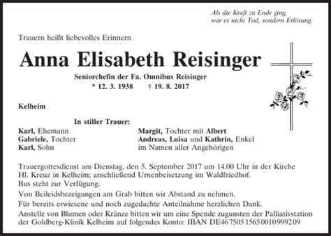 Traueranzeigen Von Anna Reisinger Mittelbayerische Trauer