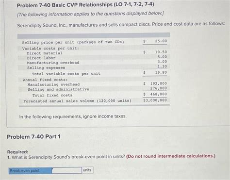 Solved Problem 7 40 Basic CVP Relationships LO 7 1 7 2 Chegg Com
