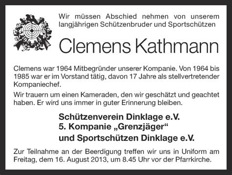 Traueranzeigen Von Clemens Kathmann Om Trauer De