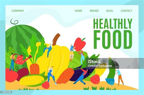 건강한 음식 방문 페이지 개념 벡터 일러스트 야채 다이어트 웹 사이트만화 채식 주의 라이프 스타일 여자 남자 사람 캐릭터 개념에 대한 스톡 벡터 아트 및 기타 이미지