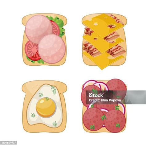 다른 재료와 샌드위치의 평면 벡터 세트 샌드위치 햄과 토마토 치즈와 베이컨 달걀과 딜 살라미 양파를 토스트에 얹습니다 벡터 0명에 대한 스톡 벡터 아트 및 기타 이미지