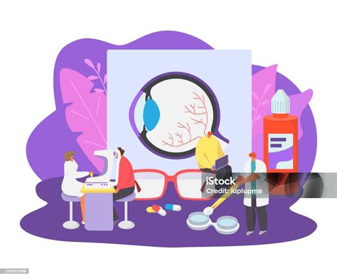 안과 의학 벡터 일러스트 세트 만화 작은 환자 사람들은 안과 의사 캐릭터를 방문 눈 건강을 확인 개념에 대한 스톡 벡터 아트 및