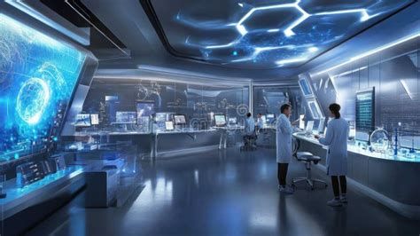 Futuristic Scientists Collaborate In A High Tech Laboratory Analyzing