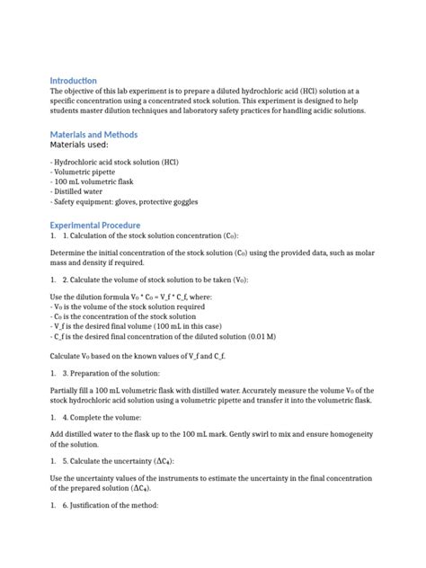 Lab Report Preparation Of Diluted Solution Detailed Steps English Pdf Science And Mathematics