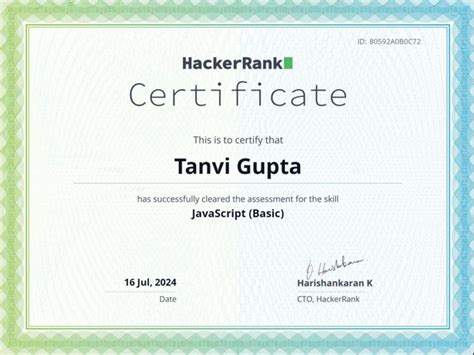 tanvi gupta on linkedin javascript hackerrank certification