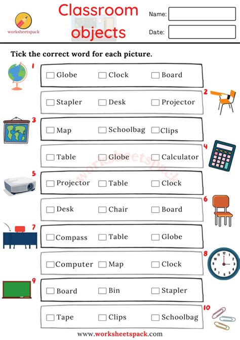 School Classroom Objects Esl Vocabulary Worksheets