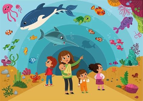 Иллюстрация семьи посещающей аквариум Премиум векторы【2024】 海