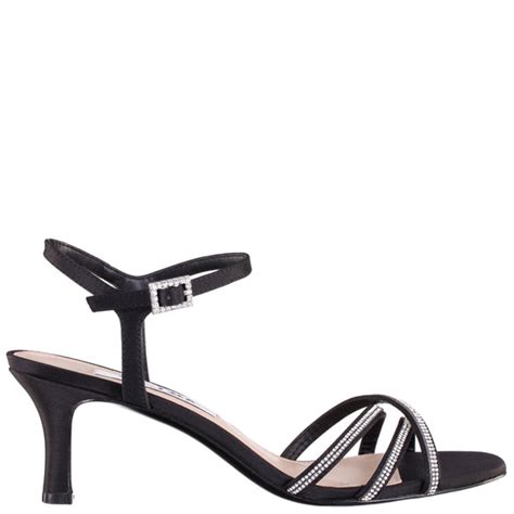 Womens Bobby Black Satin Crystal Strappy Mid Heel Dress Sandal Nina Shoes