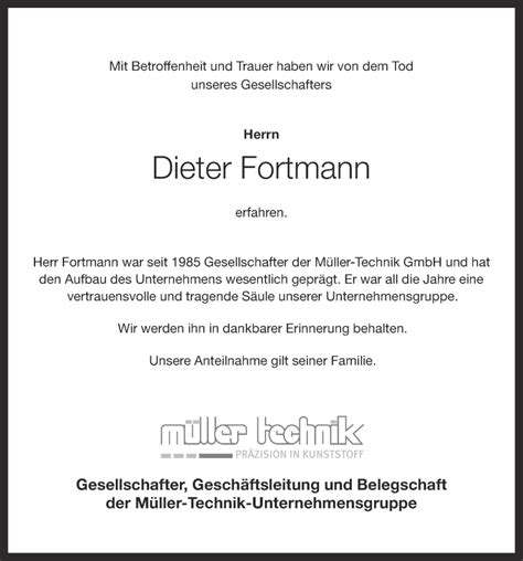 Traueranzeigen Von Dieter Fortmann Om Trauer De