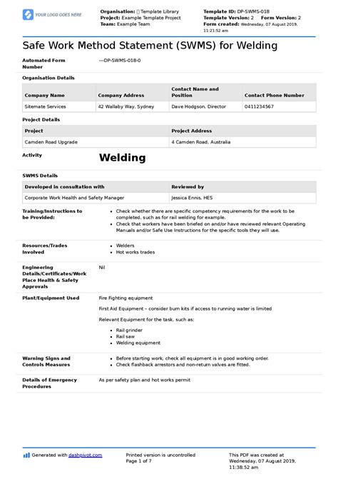 Safe Work Method Statement Template Save Time With Swms Templates Images