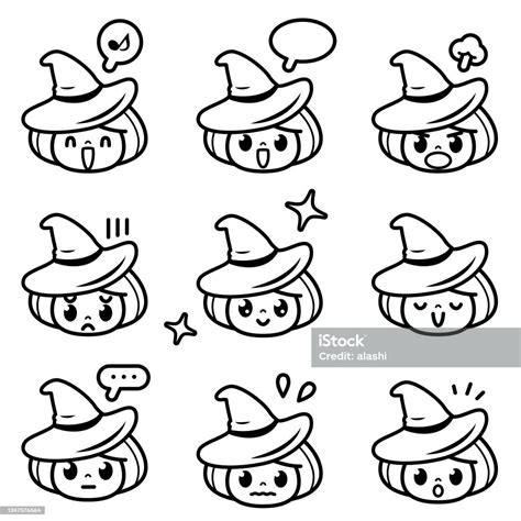 흑백9가지 표정이 있는 귀여운 마녀의 할로윈 아이콘 세트 이모티콘에 대한 스톡 벡터 아트 및 기타 이미지 이모티콘 흑백