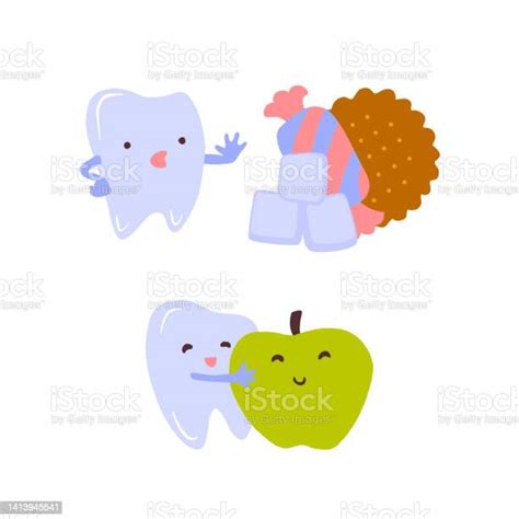 만화 치아 캐릭터는 사과를 선택하고 사탕과 설탕을 무시합니다 개념에 대한 스톡 벡터 아트 및 기타 이미지 개념 건강관리와