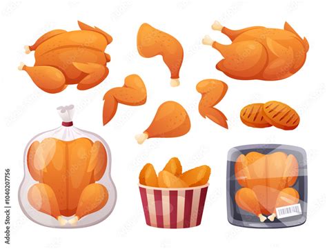 Chicken Meat Vector Set Of Whole Roasted Chicken In Tray Packing With
