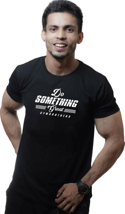 Buy Gymbrothers Men Printed Round Neck Pure Cotton Black T Shirt Online