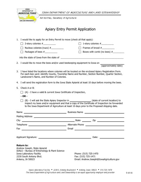 Iowa Apiary Entry Permit Application Form Download Fillable Pdf