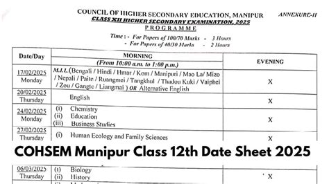 Manipur Class 12 Date Sheet 2025 Out Check Cohsem Hs Exam Dates
