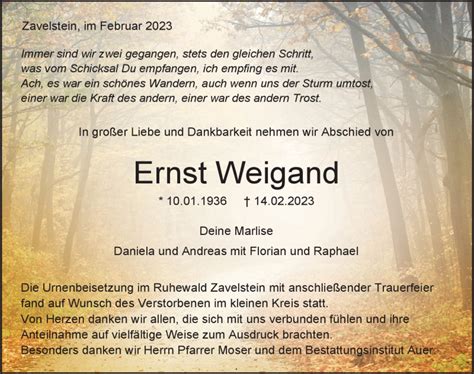 Traueranzeigen von Ernst Weigand Schwarzwälder Bote Trauer
