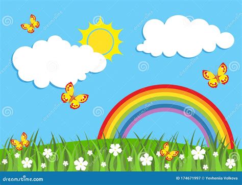 Fondo De Primavera Con Arco Iris Arco Iris Con Nubes Sol Hierba Mariposas Y Flores Con Cielo