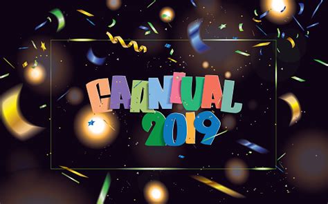 카니발 2019 배너 어두운 스파클 배경에 고립 된 브라질의 국가 색상에서 흐리게 색종이와 커버에 2019년에 대한 스톡 벡터