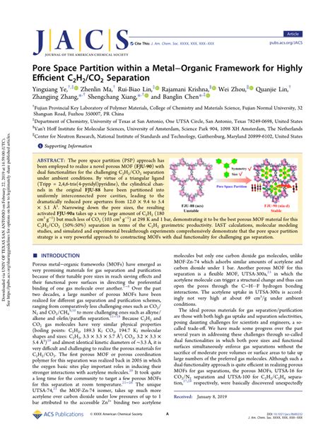 Pdf Pore Space Partition Within A Metalorganic Framework For Highly Efficient C 2 H 2 Co 2
