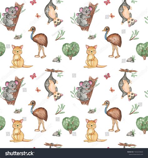 Watercolor Koala Kangaroo Ostrich Emu Opossum Stock Illustration 1924233020