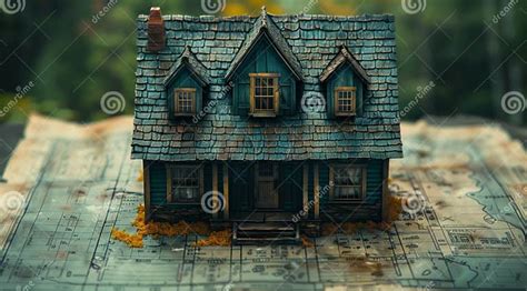 A Small Model House On A Blueprint Surrounded By Landscape And Plants