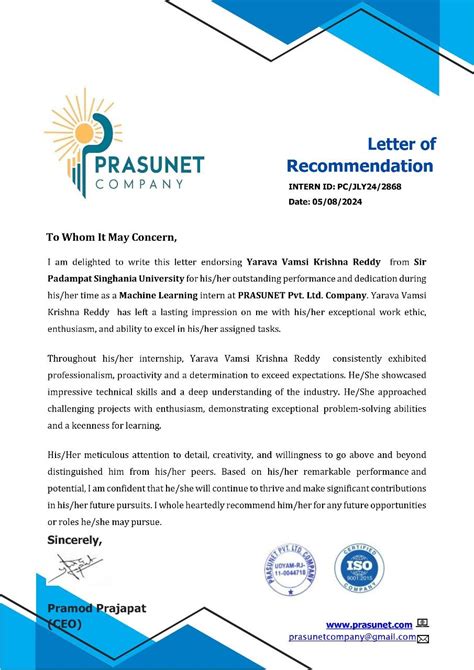 Vamsi Krishna Reddy Yarava On Linkedin Prasunetcompany Internship Machinelearning Greatful