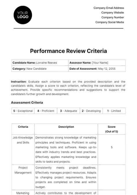 Free Performance Review Criteria Hr Template To Edit Online