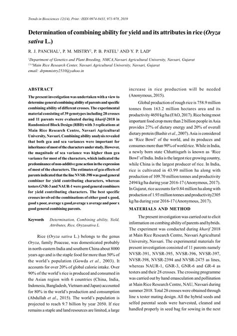 Pdf Determination Of Combining Ability For Yield And Its Attributes In Rice Oryza Sativa L