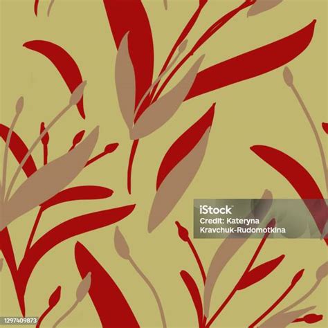 노란색 배경에 손으로 그린 빨간색과 베이지 색 식물과 가지가있는 매끄러운 패턴 우아한 린넨 침구 인쇄 포장 벽지 섬유 디자인 검은색에 대한 스톡 벡터 아트 및 기타 이미지