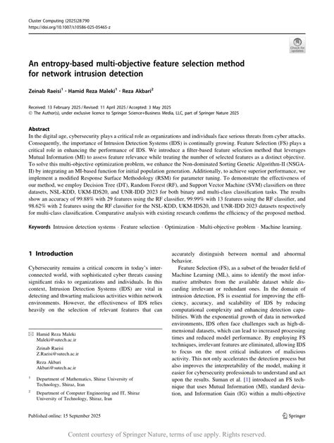An Entropy Based Multi Objective Feature Selection Method For Network