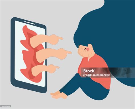 여자는 휴대 전화 화면에서 그녀를 가리키는 손가락에서 손으로 그녀의 얼굴을 커버 인터넷에서 여자를 괴롭히는 사람들 사이버 괴롭힘