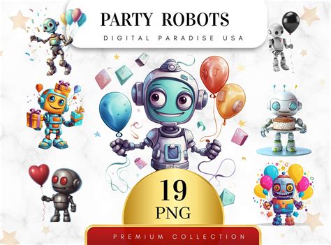 Set Of 19 Party Robots Clipart Robot Png Birthday Clipart Robot