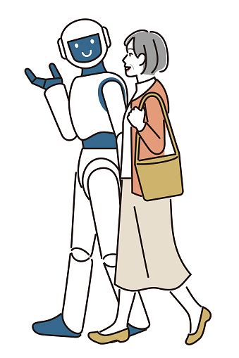 Senior Woman Walking With A Guiding Robot Stok Vektör Sanatı And 70 79 Yaş Arası‘nin Daha Fazla