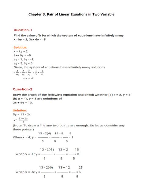 Linear Equations 2 Variable Value Based Questions Wpl Pdf