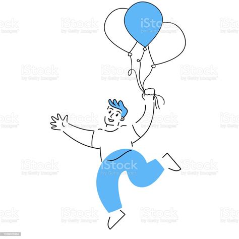장난감 풍선으로 비행 하는 남자 파티와 축하 인생을 즐기는 어린 시절 기쁨과 행복의 개념 재미있는 선형 남성 캐릭터 풍선에 대한