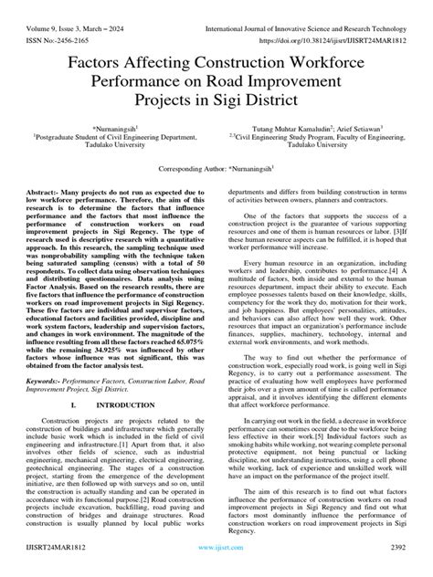 Factors Affecting Construction Workforce Performance On Road Improvement Projects In Sigi