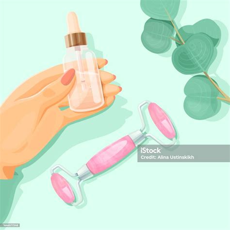 얼굴 마사지 롤러와 유칼립투스 장식이 있는 테이블 위에 세럼 병을 들고 있는 여성의 손 개인 장식품에 대한 스톡 벡터 아트 및