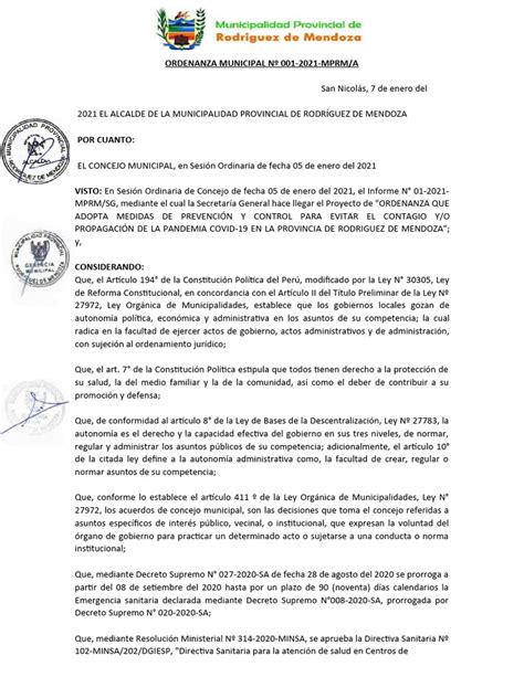Ordenanza 001 2021 Mprm Alcaldía Pdf Pdf