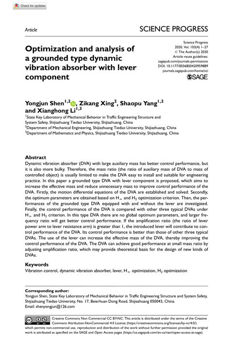 Pdf Optimization And Analysis Of A Grounded Type Dynamic Vibration Absorber With Lever Component