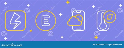 Set Line Thermometer Weather Forecast App Compass West And Lightning