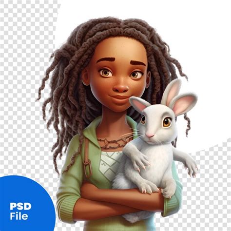 Premium Psd 3d Rendering Of An African American Girl With A Rabbit Psd Template