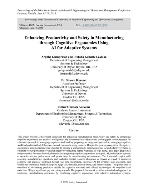 Pdf Enhancing Productivity And Safety In Manufacturing Through Cognitive Ergonomics Using Ai